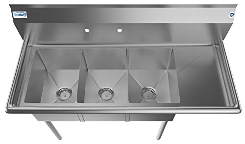 KoolMore - SC121610-12R3 3 Compartment Stainless Steel NSF Commercial Kitchen Sink with Drainboard - Bowl Size 12" x 16" x 10", Silver