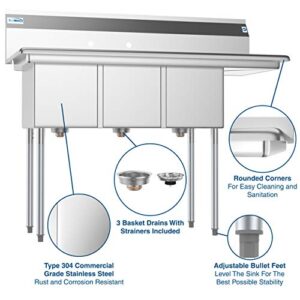 KoolMore - SC121610-12R3 3 Compartment Stainless Steel NSF Commercial Kitchen Sink with Drainboard - Bowl Size 12" x 16" x 10", Silver