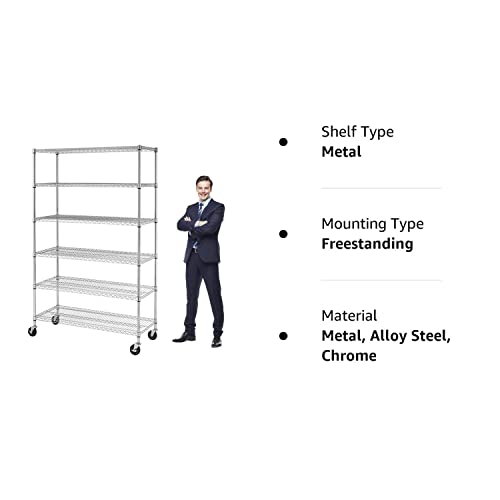 YRLLENSDAN 6000Lbs Capacity Adjustable Storage Shelves Heavy Duty Shelving Unit 6 Tier Metal Shelving with Wheels NSF Wire Shelving (48" W x 18" D x 72" H,Chrome)