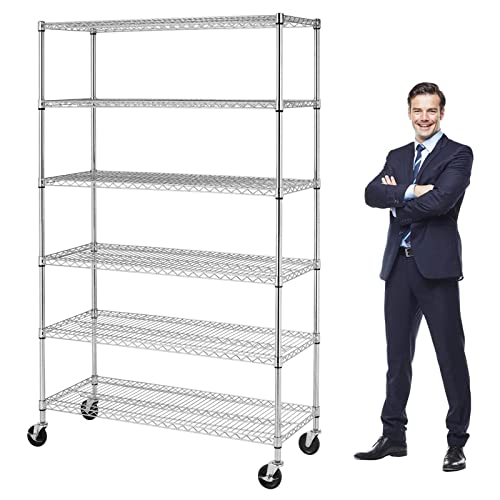 YRLLENSDAN 6000Lbs Capacity Adjustable Storage Shelves Heavy Duty Shelving Unit 6 Tier Metal Shelving with Wheels NSF Wire Shelving (48" W x 18" D x 72" H,Chrome)