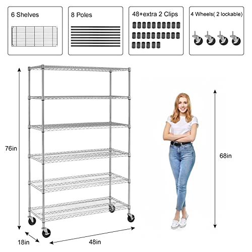 YRLLENSDAN 6000Lbs Capacity Adjustable Storage Shelves Heavy Duty Shelving Unit 6 Tier Metal Shelving with Wheels NSF Wire Shelving (48" W x 18" D x 72" H,Chrome)