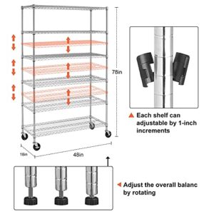 YRLLENSDAN 6000Lbs Capacity Adjustable Storage Shelves Heavy Duty Shelving Unit 6 Tier Metal Shelving with Wheels NSF Wire Shelving (48" W x 18" D x 72" H,Chrome)