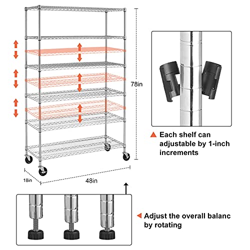 YRLLENSDAN 6000Lbs Capacity Adjustable Storage Shelves Heavy Duty Shelving Unit 6 Tier Metal Shelving with Wheels NSF Wire Shelving (48" W x 18" D x 72" H,Chrome)