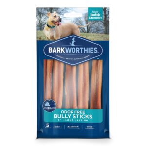 barkworthies odor-free 6-inch bully sticks (5 pack) - healthy dog chews - protein-packed, highly digestible, all-natural rawhide alternative dog treats - promotes dental health