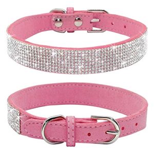 haoyueer rhinestone dog collar, cute dazzling sparkling soft suede leather dog cat rhinestone collar crystal diamond pet dog puppy collar(pink,s)