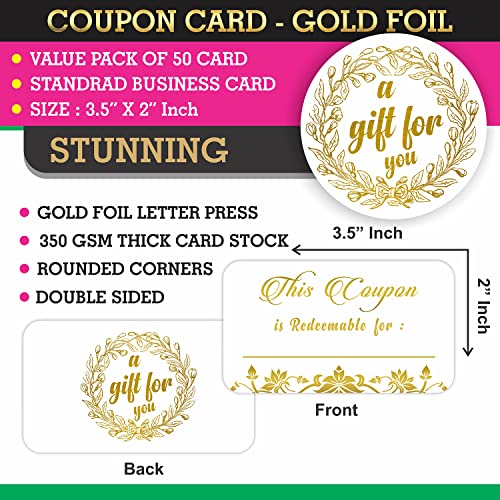 PARTH iMPEX 50 Coupon Cards - Gold Foil Stamping 3.5"x2" Blank Gift Certificates Redeem Vouchers