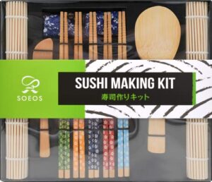 soeos beginner sushi making kit, sushi making kit for beginners with 2 sushi rolling mats, 5 pairs chopsticks, 1 paddle, 1 spreader, 1 cotton bag, sushi making kit gift set, sushi maker kit