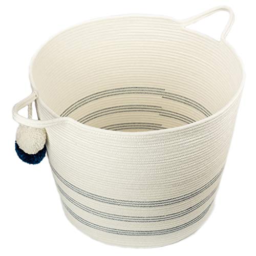 Sweetzer & Orange Extra Large Woven Cotton Rope Storage Basket with Pom-Poms – 16.5”x20.5” - Blanket Storage Baskets, Laundry and Toy Storage, Nursery Hamper - Off White/Navy XXL for Living Room