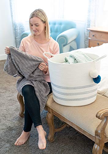 Sweetzer & Orange Extra Large Woven Cotton Rope Storage Basket with Pom-Poms – 16.5”x20.5” - Blanket Storage Baskets, Laundry and Toy Storage, Nursery Hamper - Off White/Navy XXL for Living Room