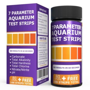 7 in 1 aquarium test strips. fish water test strip. freshwater testing kit for betta and marine aquaponics. tank ph test kit with nitrate, total chlorine, hardness, alkalinity, carbonate tests.