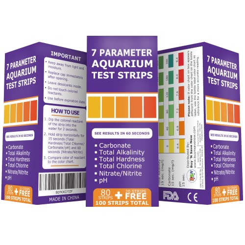 7 in 1 Aquarium Test Strips. Fish Water Test Strip. Freshwater Testing Kit for Betta and Marine Aquaponics. Tank pH Test Kit with Nitrate, Total Chlorine, Hardness, Alkalinity, Carbonate Tests.