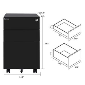 Bonnlo Black 3 Drawer File Cabinet with Lock, Rolling File Cabinet for Home Office, Locking File Cabinet Under Desk Filing Cabinet, Mobile Office Drawers Fully Extension, Assembly Required, 23.6" H