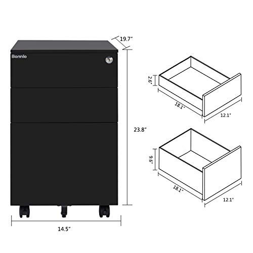 Bonnlo Black 3 Drawer File Cabinet with Lock, Rolling File Cabinet for Home Office, Locking File Cabinet Under Desk Filing Cabinet, Mobile Office Drawers Fully Extension, Assembly Required, 23.6" H