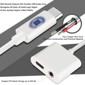 USB C to 3.5mm Audio Adapter, HiMusic 2 in 1 USB Type C Male to 3.5mm Female Stereo Earphone Dongle and Charging Adapter Compatible with Google Pixel 4/3/2XL,Galaxy S20+/Note 10/10+ and More(White)