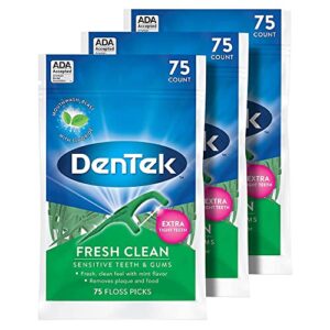 dentek fresh clean floss picks, for extra tight teeth, 75 count, 3 pack