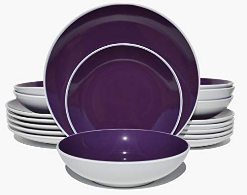 HomeVss Stoneware Coupe 18pc Dinner Set, Outside White + Inside Purple