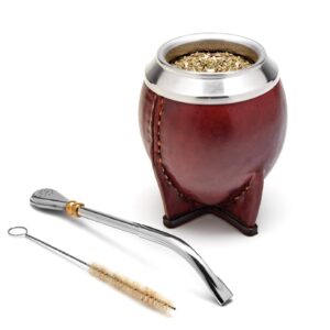 balibetov premium yerba mate gourd (mate cup) - uruguayan mate - leather wrapped - includes stainless steel bombilla and cleaning brush. (torpedo burgundy)