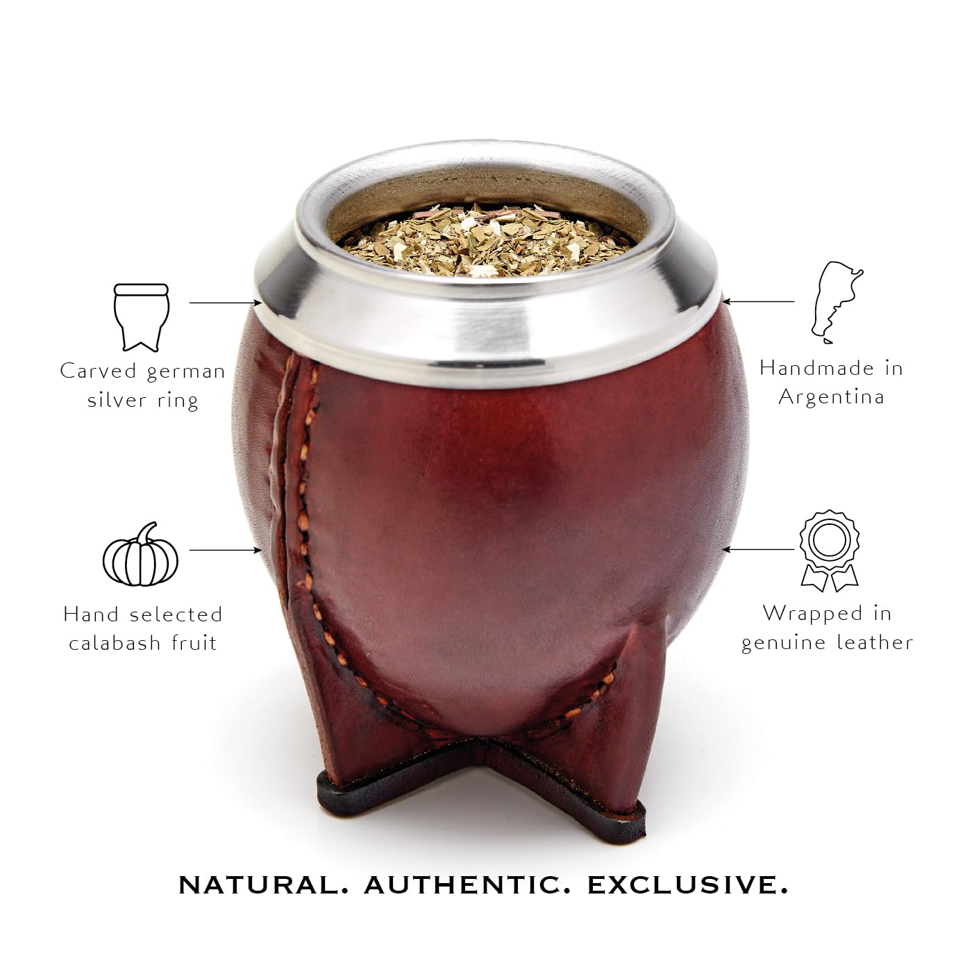 BALIBETOV Premium Yerba Mate Gourd (Mate Cup) - Uruguayan Mate - Leather Wrapped - Includes Stainless Steel Bombilla and Cleaning Brush. (Torpedo Burgundy)