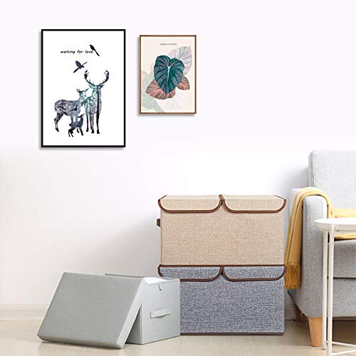 UUJOLY Cube Storage Bins with Lids Storage Box with Lids Linen Fabric Foldable Basket Cubes Organizer Storage Drawer with Lids and Handles for Home, Office, Closet, Bedroom, Nursery, Khaki