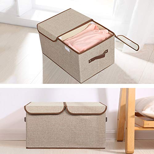 UUJOLY Cube Storage Bins with Lids Storage Box with Lids Linen Fabric Foldable Basket Cubes Organizer Storage Drawer with Lids and Handles for Home, Office, Closet, Bedroom, Nursery, Khaki