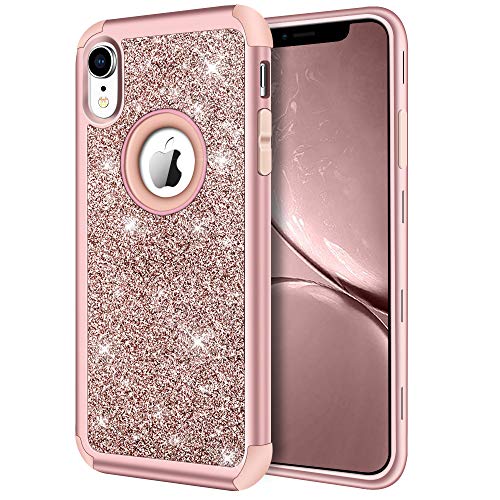 Hython Compatible with iPhone XR Case, Heavy Duty Full-Body Defender Protective Bling Glitter Sparkle Hard Shell Armor Hybrid Shockproof Silicone Rubber Bumper Cover for iPhone XR 6.1-Inch, Rose Gold