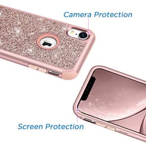 Hython Compatible with iPhone XR Case, Heavy Duty Full-Body Defender Protective Bling Glitter Sparkle Hard Shell Armor Hybrid Shockproof Silicone Rubber Bumper Cover for iPhone XR 6.1-Inch, Rose Gold