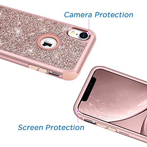 Hython Compatible with iPhone XR Case, Heavy Duty Full-Body Defender Protective Bling Glitter Sparkle Hard Shell Armor Hybrid Shockproof Silicone Rubber Bumper Cover for iPhone XR 6.1-Inch, Rose Gold