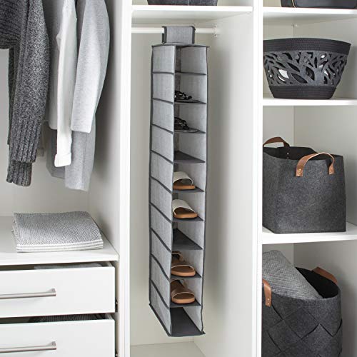 Simplify 10 Shelf Shoe Organizer | Dimensions : 5.91" D x 11.81" W x 47.24" H | Storage Velcro | Foldable | Closet Organization | Grey