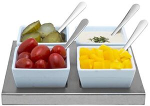 white ceramic appetizer condiment relish serving bowl set of 4 with spoons & stainless steel tray (modern square)