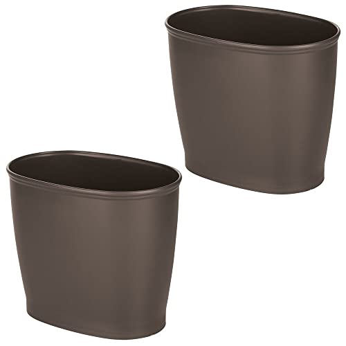 mDesign Plastic Oval Small 2.25 Gallon/8.5 Liter Trash Can Wastebasket, Garbage Container Bin for Bathroom, Kitchen, Office, Dorm - Holds Waste, Refuse, Recycling, Hyde Collection, 2 Pack, Dark Brown