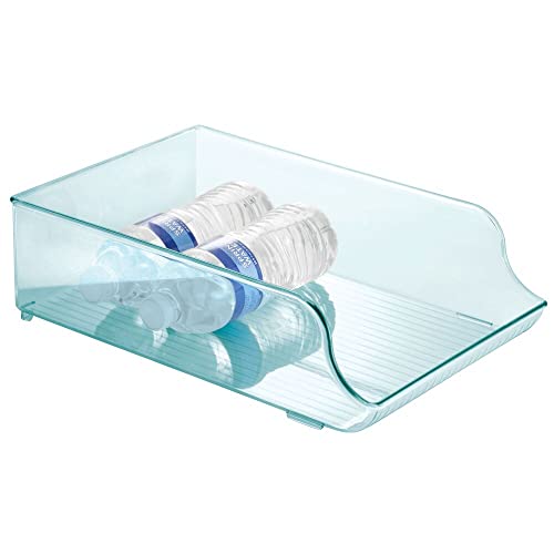 mDesign Wide Plastic Kitchen Water Bottle Storage Organizer Tray Rack - Holder and Dispenser for Refrigerators, Freezers, Cabinets, Pantry, Garage - Sea Blue