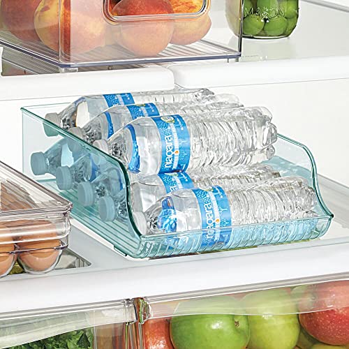 mDesign Wide Plastic Kitchen Water Bottle Storage Organizer Tray Rack - Holder and Dispenser for Refrigerators, Freezers, Cabinets, Pantry, Garage - Sea Blue