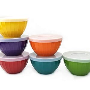 KX-WARE Melamine Fluted Bowls Set with Lids - 6pcs 15 oz Cereal/Prep Bowls, 6 Assorted Color | Break-resistant 100% Melamine Bowls and Plastic Lids | Dishwasher Safe, BPA Free