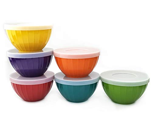 KX-WARE Melamine Fluted Bowls Set with Lids - 6pcs 15 oz Cereal/Prep Bowls, 6 Assorted Color | Break-resistant 100% Melamine Bowls and Plastic Lids | Dishwasher Safe, BPA Free