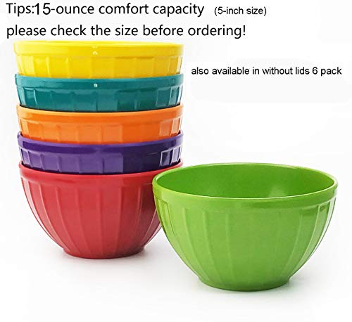 KX-WARE Melamine Fluted Bowls Set with Lids - 6pcs 15 oz Cereal/Prep Bowls, 6 Assorted Color | Break-resistant 100% Melamine Bowls and Plastic Lids | Dishwasher Safe, BPA Free