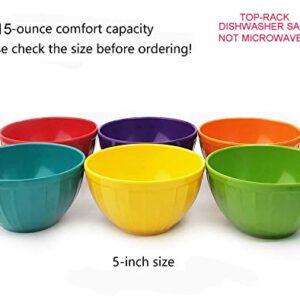 KX-WARE Melamine Fluted Bowls Set with Lids - 6pcs 15 oz Cereal/Prep Bowls, 6 Assorted Color | Break-resistant 100% Melamine Bowls and Plastic Lids | Dishwasher Safe, BPA Free