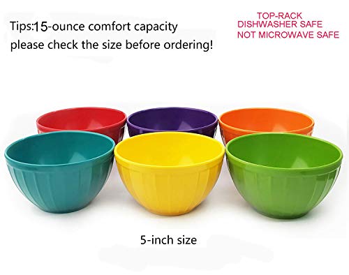 KX-WARE Melamine Fluted Bowls Set with Lids - 6pcs 15 oz Cereal/Prep Bowls, 6 Assorted Color | Break-resistant 100% Melamine Bowls and Plastic Lids | Dishwasher Safe, BPA Free