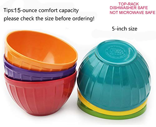 KX-WARE Melamine Fluted Bowls Set with Lids - 6pcs 15 oz Cereal/Prep Bowls, 6 Assorted Color | Break-resistant 100% Melamine Bowls and Plastic Lids | Dishwasher Safe, BPA Free