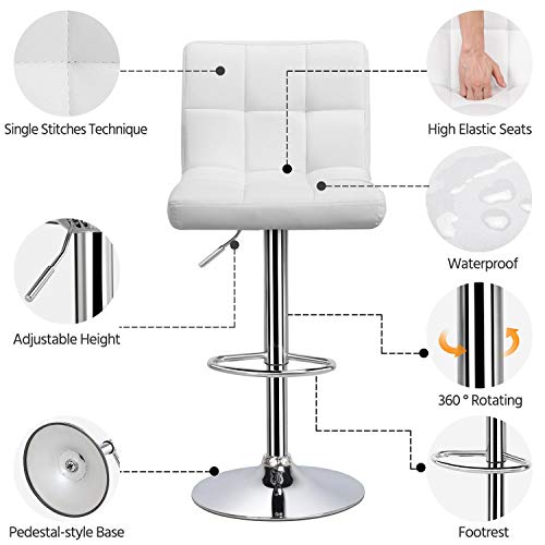 Yaheetech X-Large Bar Stools - Square PU Leather Adjustable Counter Height Swivel Stool Armless Chairs Set of 2 with Bigger Base, White