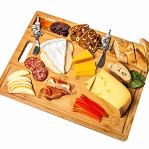 Large Organic Bamboo Cutting Board - Wooden Charcuterie Cheese Serving Platter For Kitchen - With Deep Drip Edge & Garnish Bowls - Boards Are BPA Free,16x12” - Unique Housewarming Gift Idea - Good&Co.