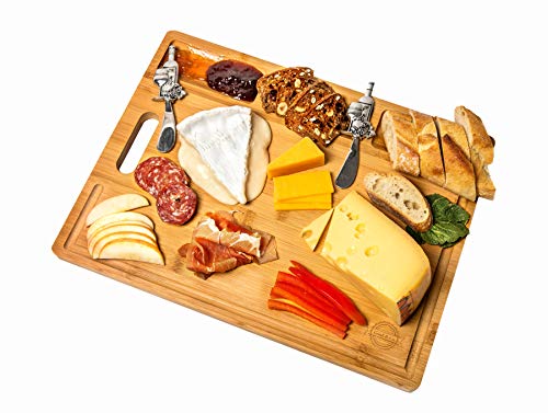 Large Organic Bamboo Cutting Board - Wooden Charcuterie Cheese Serving Platter For Kitchen - With Deep Drip Edge & Garnish Bowls - Boards Are BPA Free,16x12” - Unique Housewarming Gift Idea - Good&Co.