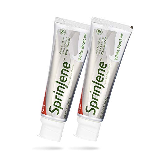 SprinJene Natural Teeth Whitening Toothpaste with Fluoride, SLS Free with Black Seed Oil & Zinc for Cavity Protection Dry Mouth, Fresh Breath Cruelty-Free, Gluten Free 2 Pack (White Boost)