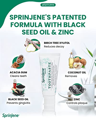 Sprinjene Natural SLS Free Toothpaste with Fluoride for Cavity Protection, Gum Health, Fresh Breath & Helps Dry Mouth for Adults Toxic Free, Preservative Free with Black Seed Oil & Zinc (2 Pack)