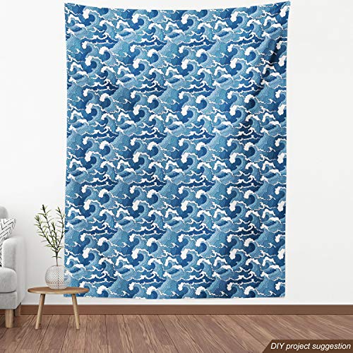 Lunarable Japanese Wave Fabric by The Yard, Stormy Sea with Abstract Chinese Folk Art Influences, Decorative Fabric for Upholstery and Home Accents, 5 Yards Pale Blue