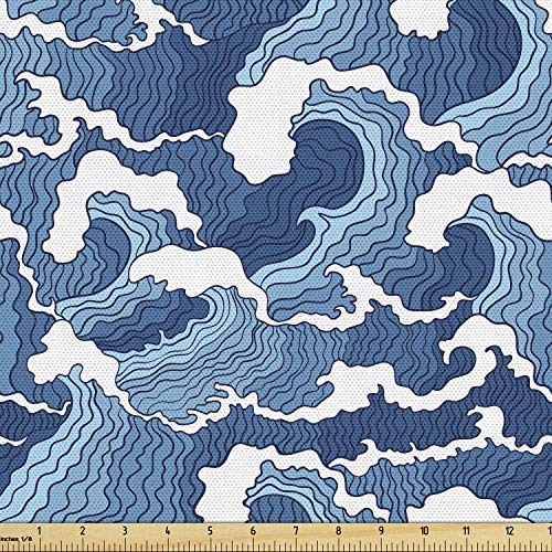 Lunarable Japanese Wave Fabric by The Yard, Stormy Sea with Abstract Chinese Folk Art Influences Illustration, Decorative Fabric for Upholstery and Home Accents, 1 Yard Pale Blue