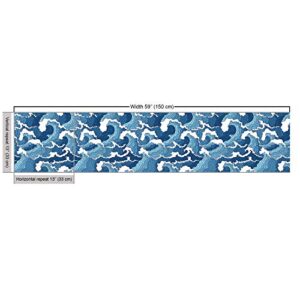 Lunarable Japanese Wave Fabric by The Yard, Stormy Sea with Abstract Chinese Folk Art Influences Illustration, Decorative Fabric for Upholstery and Home Accents, 1 Yard Pale Blue