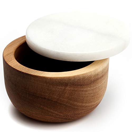 jalz jalz Large Wood Salt Box with Spoon Spice Seasonings Keeper Solid Natural Acacia Base White Marble Lid Elegant Design Decorative Boxes Big Capacity