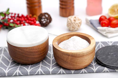 jalz jalz Large Wood Salt Box with Spoon Spice Seasonings Keeper Solid Natural Acacia Base White Marble Lid Elegant Design Decorative Boxes Big Capacity