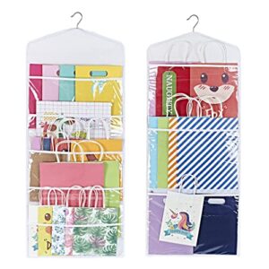 propik hanging double sided gift bag storage organizer with multiple front and back pockets - organize your gift wrap, tissue paper, and paper bags 38 x 16 inch pvc (white)