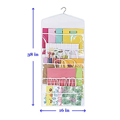 ProPik Hanging Double Sided Gift Bag Storage Organizer with Multiple Front and Back Pockets - Organize Your Gift Wrap, Tissue Paper, and Paper Bags 38 x 16 Inch PVC (White)